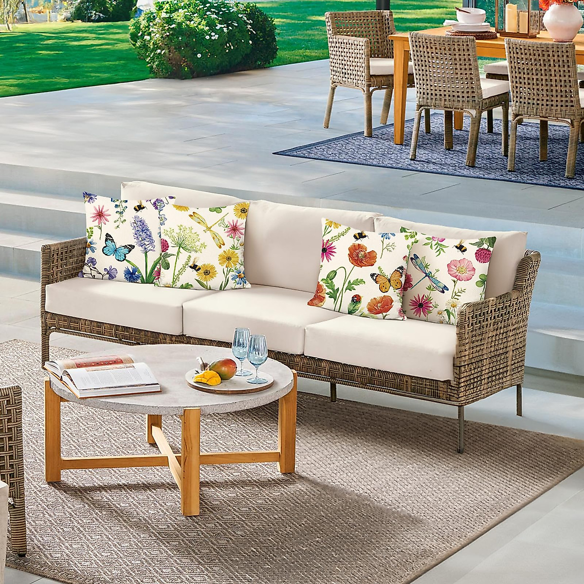 Bonhause Spring Floral Throw Pillow Covers 18x18 Set of 4 Wildflowers Plants Butterfly Patio Decorative Pillow Cushion Cases Outdoor Cushion Covers for Couch Sofa Bedroom Car Home Decor