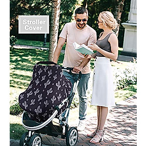Baby Car Seat Cover, Infant Carseat Canopy, Nursing Breastfeeding Cover, Stretchy Carrier Covers for Stroller/High Chair/Shopping Cart, Newborn Registry & Shower Gift for Boys Girls - Black Cactus