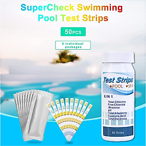 SuperCheck 6-Way Spa Test Strips for Hot Tub, 7 Parameters, 50 Count, Hot Tub Test Strips for Chlorine, Bromine, pH, Alkalinity, Cyanuric Acid and Hardness Levels in Pool and Spa, Test Kit for Pools