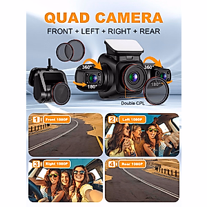 PRUVEEO Dash Cam, 4 Channel Camera FHD 1080Px4, Front Left Right and Rear, Front and Rear Inside, Built-in GPS WiFi, Polarizing Lens CPL Filter, Free 128GB Card, Double CPL