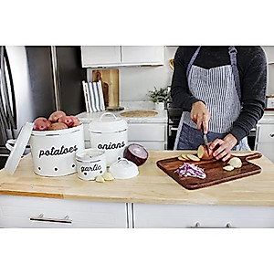 AuldHome Potatoes, Onions and Garlic Canister Set; Rustic White Enamelware Vegetable Storage Containers
