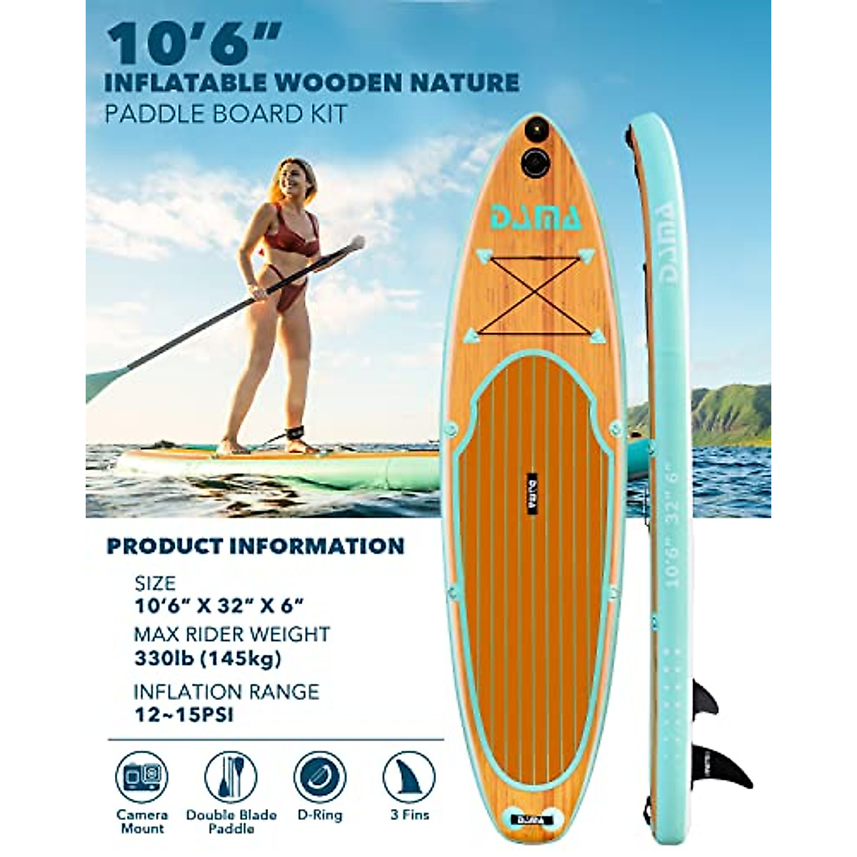 DAMA 10'6"x32"x6" Inflatable Paddle Board, sup Board, Paddleboard w/Camera Seat, Floating Paddle, Hand Pump, Board Carrier, Waterproof Bag, Drop Stitch, Traveling Board for Surfing