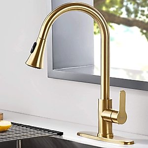 AMAZING FORCE Gold Kitchen Faucet Modern Pull Out Kitchen Faucets Stainless Steel Single Handle Kitchen Sink Faucet with Pull Down Sprayer 3 Hole Kitchen Faucet Mixer Tap 1.8 GPM