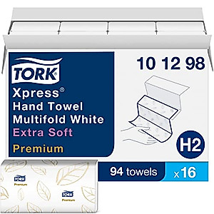 Tork Xpress Extra Soft Multifold Hand Towel White with Blue Leaf H2, Premium, 4-Panel, High Performance, Absorbent, 2-Ply, 16 X 94 Sheets, 101298