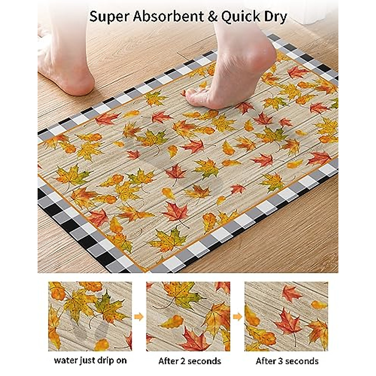 Orange Maple Leaf Bath Mat for Tub,Non Slip Bathroom Floor Runner Rug Quick Dry & Absorbent Diatomaceous Earth Kitchen Shower Sink Washable Doormat,Autumn Fall Leaves Rustic Black White Plaid 20"x32"