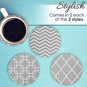 Grey Coasters for Drinks Absorbent - Gray Drink Coasters for Wooden Table - Farmhouse Coasters with Holder - Water Absorbant Rustic Cup Coaster - Tabletop Protection - Ceramic Stone Coasters Set of 6