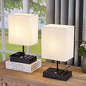 YUNHONG Bedside Lamp Set of 2,Wireless Charger Table Lamp with USB A+C Ports and AC Outlet,3 Way Dimmable Touch Nightstand Lamps for Bedroom and Living Room (LED Bulbs Included)
