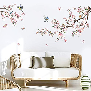 decalmile Flower Branch Wall Stickers Pink Blossom Floral Birds Wall Decals Kids Bedroom Living Room Window Wall Decor
