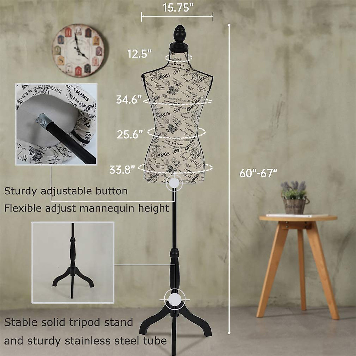 Female Dress Form Mannequin Body Foam Mannequin Torso 60-67 Inch Adjustable Dress Mannequin with Wooden Tripod Base Stand for Sewing Dressmaker Model Display Fitting Styling (Mixed)
