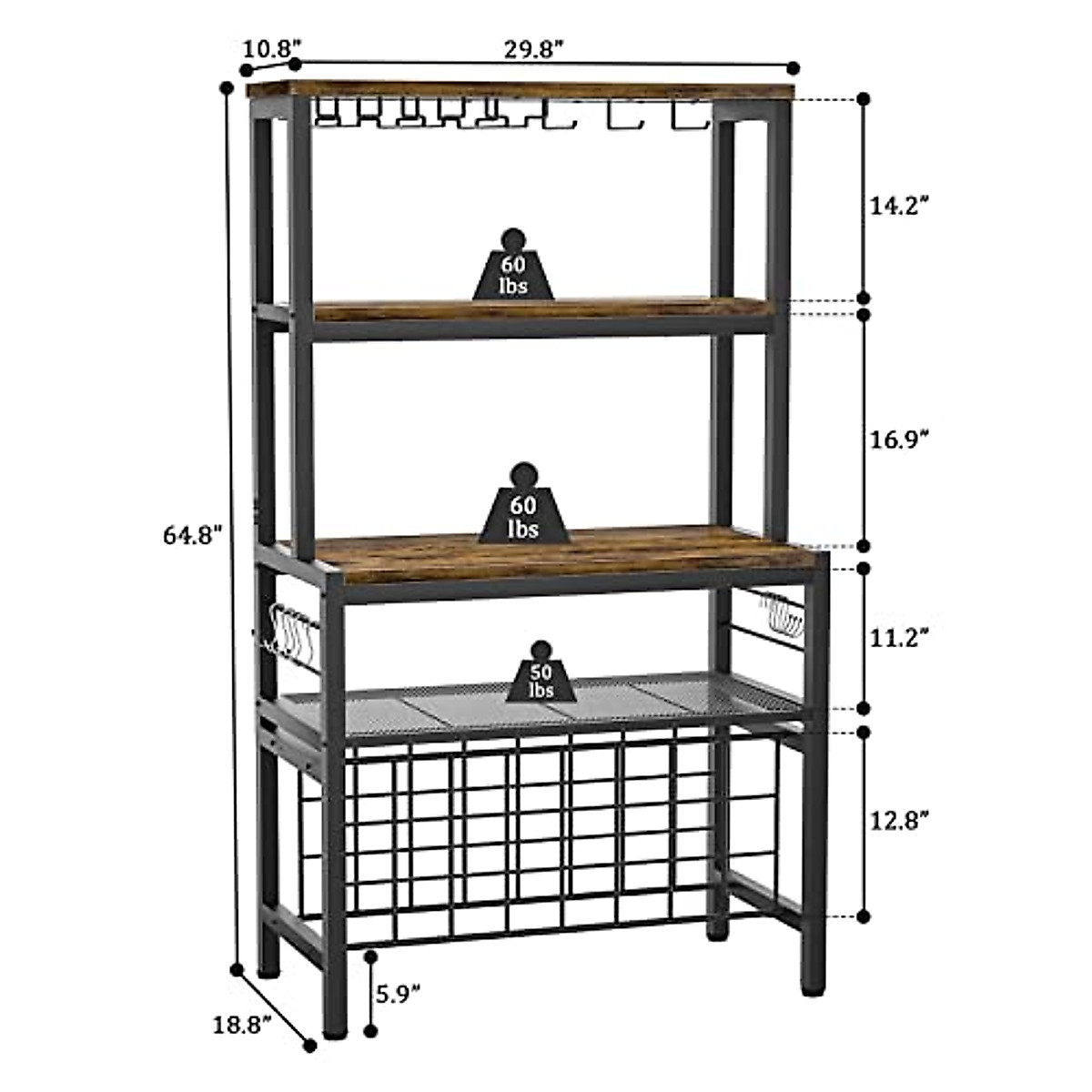 Unikito Wine Rack Table, Modern Freestanding Floor Liquor Bar Table Cabinet with Glass Rack Bottle Shelf, Industrial Wine Bar Cabinet with Storage and Hook for Home Kitchen Dining Room, Rustic Brown