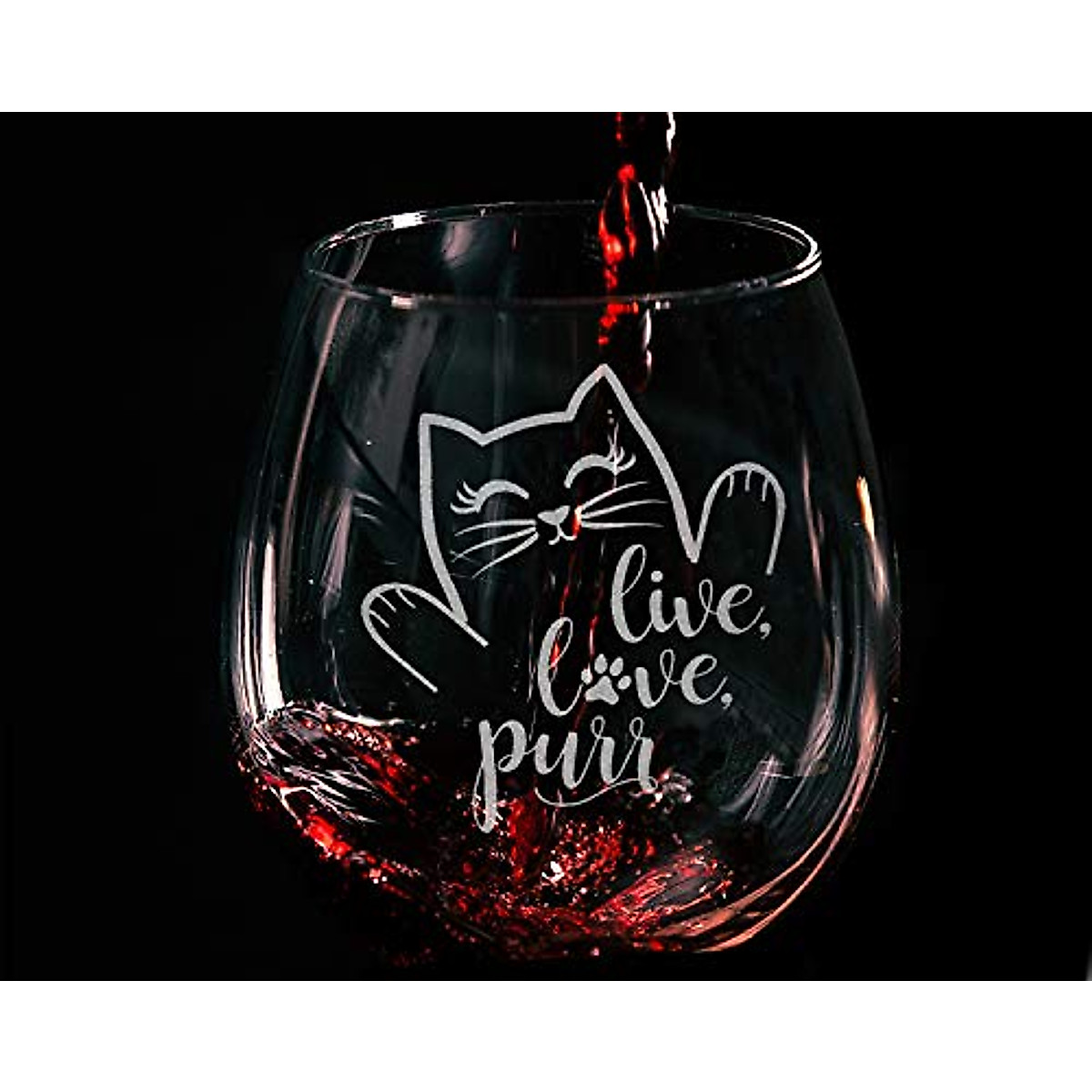 Cat Lovers Engraved Live Love Purr Stemless Wine Glass Kitchen Decor Cat Lady Accessories Birthday Mothers Day Fathers Gifts for Women Men
