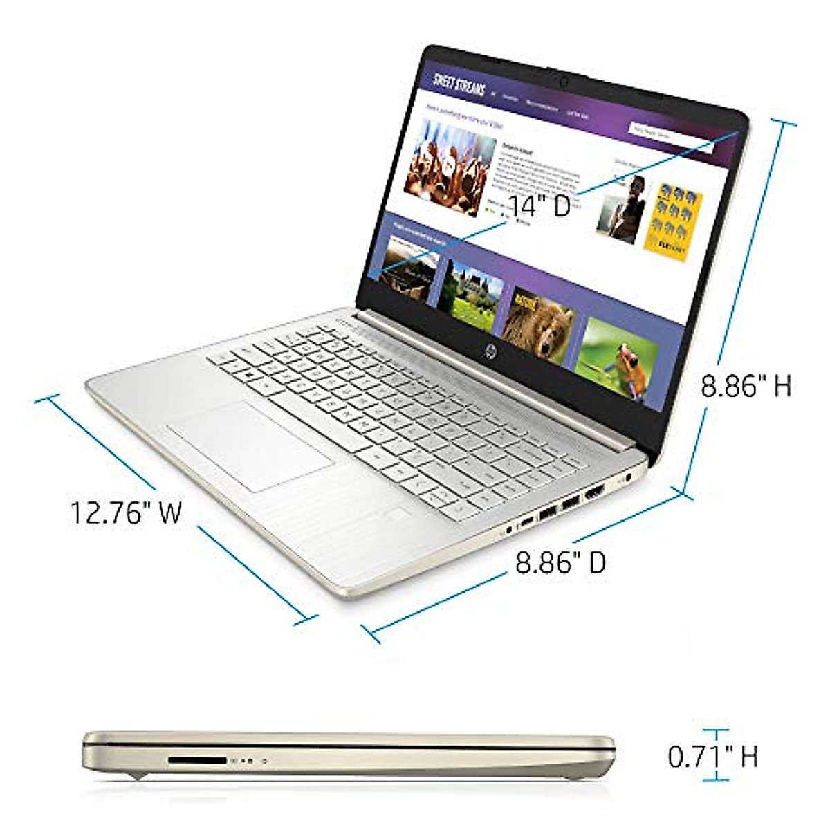 HP 2022 Newest Stream 14" HD Laptop, Intel Celeron N4020(up to 2.8GHz), 8GB RAM, 128GB Space(64GB eMMC+64GB Card), 1-Year Office 365, WiFi, HDMI, USB-C, Webcam, Bluetooth, Windows 10S, Gold+JVQ MP