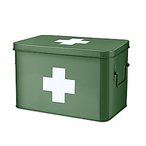 Flexzion First Aid Box Organizer Empty 13" Green Vintage First Aid Kit Tin Metal Medical Box - First Aid Storage Box Container Bins with Dividers, Removable Tray and White Cross Logo
