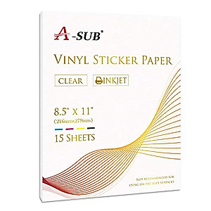 A-SUB Clear Sticker Paper for Inkjet Printers - Waterproof Transparent Printable Vinyl Sticker Paper - 15 Sheets 8.5x11 Inch Glossy Clear Label Paper for Custom Stickers, Decals
