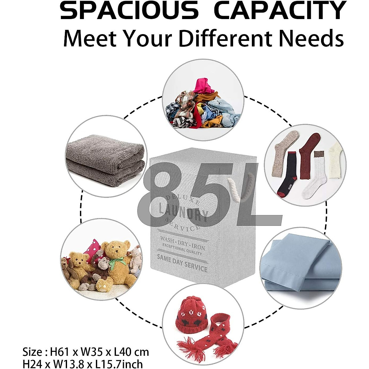 JMBNH Laundry Basket 84L Large Laundry Hamper with Lid,Foldable and Waterproof Laundry Bag with Padded Handles, Clothes Hamper Stands Up Well, Collapsible Laundry Basket Easy Storage-Gray