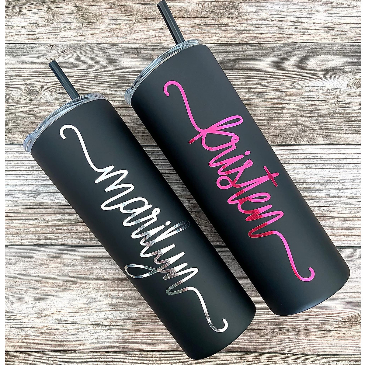 20 oz Stainless Steel Skinny Tumbler with Personalized Swirl Name Decal in Opal or Chrome Vinyl by Avito - Includes Straw and Lid - Bridesmaid, Bachelorette, Bridal Party Gifts, Mother's Day Gift