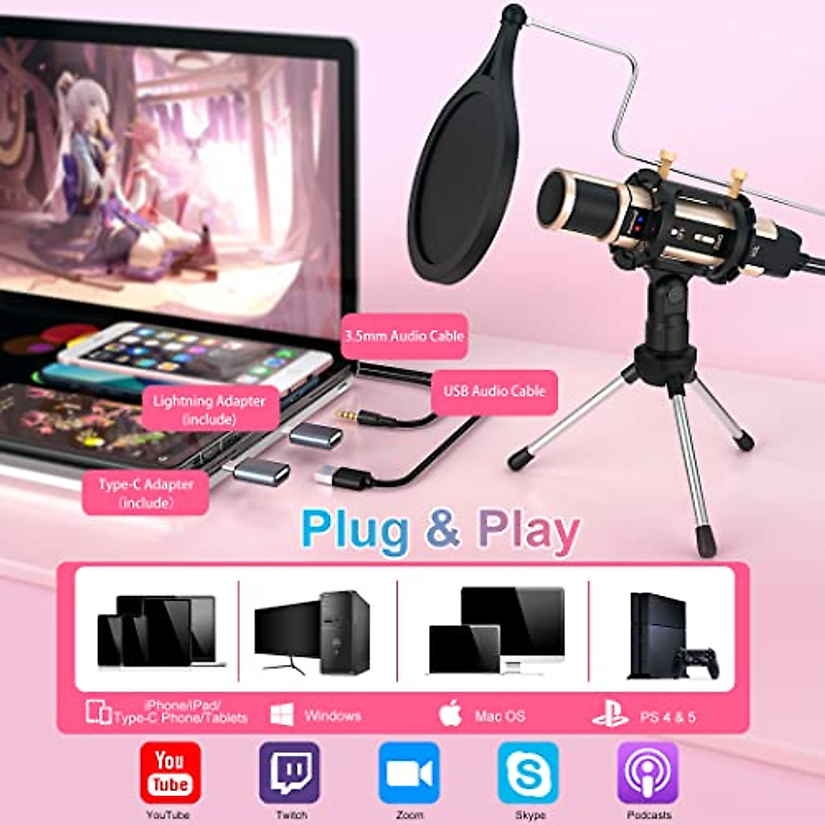 ZealSound Studio Recording Microphone, Condenser Broadcast Microphone w/Stand Built-in Sound Card Echo Recording Karaoke Singing for Phone Computer PC Garageband Smule Live Stream & YouTube (Gold)