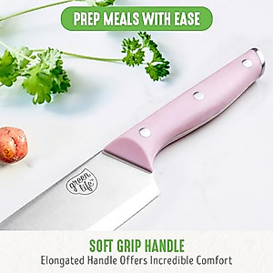 GreenLife High Carbon Stainless Steel 13 Piece Wood Knife Block Set with Chef Steak Knives and more, Comfort Grip Handles, Triple Rivet Cutlery, Soft Pink