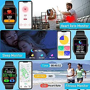 Smart Watches for Women Men (Answer/Make Call), 1.81'' Touch Large Screen, Fitness Tracker Watch, Heart Rate Monitor, Step Counter, Activity Trackers Smartwatches iOS Android, 2 Charging Cables, BLACK