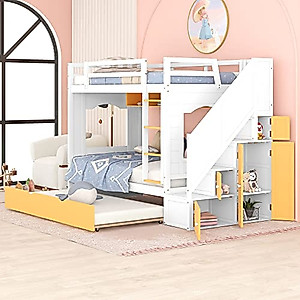 HomSof Twin Over Twin Bunk Bed with Trundle,Stairs,Ladders Solid Wood Bunk Bed with Storage Cabinet （White + Yellow）