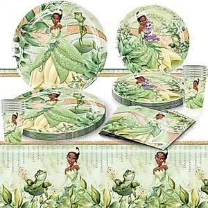 81 PCS Tiana Birthday Party Supplies, Princess Tiana Tableware Set Includes 40 PCS Plates, 20 PCS Napkins, 20 PCS Paper Cups, 1 PCS Tablecover for Boys Girls Birthday Party Baby Shower Decorations