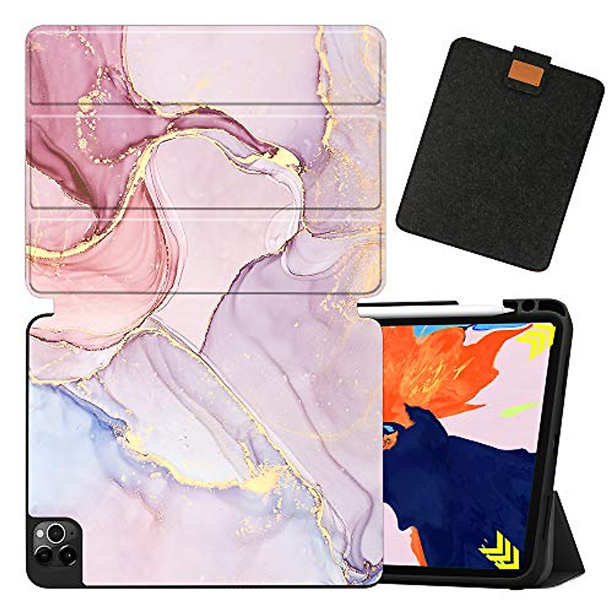 MAITTAO 2 in 1 iPad Pro 12.9 Case 2020 Release (4th Gen) Soft TPU Back Cover with Tablet Sleeve, Support Apple Pencil Holder & Wireless Charging & Auto Wake/Sleep for 2020 iPad Pro 12.9,Marble 17