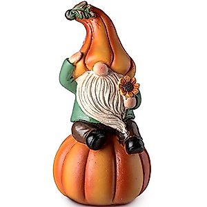 Jetec Thanksgiving Fall Gnome Statue Fall Pumpkin Gnome Decoration White Beard Figurine Autumn Resin Dwarf Elf Statue for Porch Garden Outdoor Yard Halloween Decorations, 6.7 Inch High