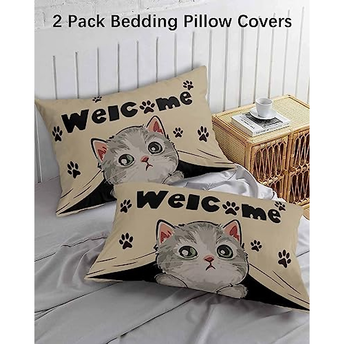 Edwiinsa Funny Cute Cat Pillow Covers Standard Size Set of 2 20x26 Bed Pillow, Black Paws Rustic Retro Beige Plush Soft Comfort for Hair/Skin Cooling Pillowcases with Envelop Closure