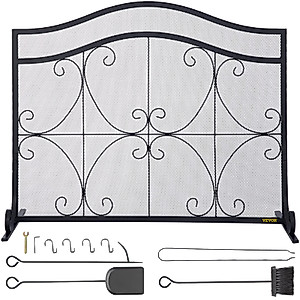 VEVOR Fireplace Screen, 39 x 31 Inch, Double Door Iron Freestanding Spark Guard with Support, Metal Mesh Craft, Broom Tong Shovel Poker Included for Fireplace Decoration & Protection, Black