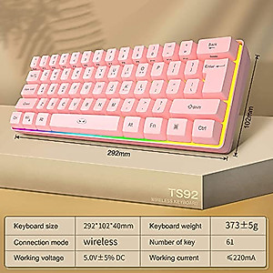MageGee TS92 Wireless 60% Gaming Keyboard, Compact 61 Keys Rechargeable RGB Backlit Office Keyboard, 2.4G Wireless Connection, Pink Waterproof Portable Computer Keyboard for Mac Windows Laptop