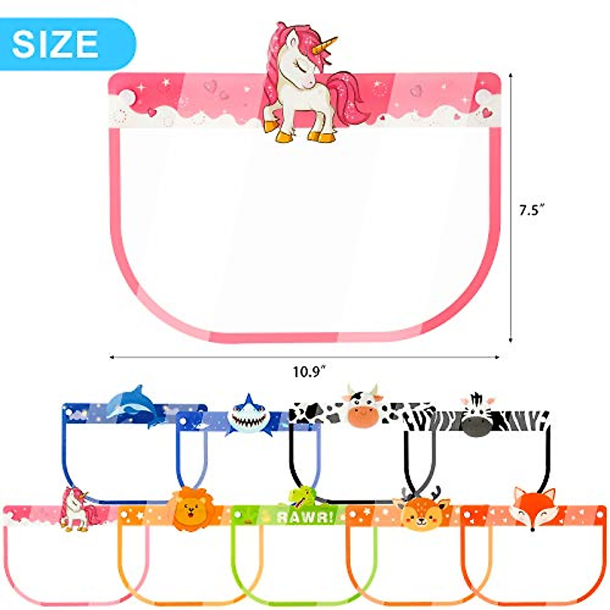9-Pack Kids' Safety Face Shields Fully Wrap-Around Protection Breathable Covering Clear Visor Cartoon Animals Reusable Lightweight High-Transparency Elastic Headband Pad Comfortable Fit for Boys Girls