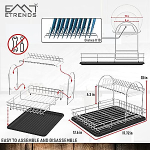 EMT ETRENDS Large Dish Drying Rack,2-Tier Dish Racks for Kitchen Counter,Rust-Proof Detachable Dish Drainers for Sink with Drainboard,Utensil Holder（Chrome Plating，Steel）