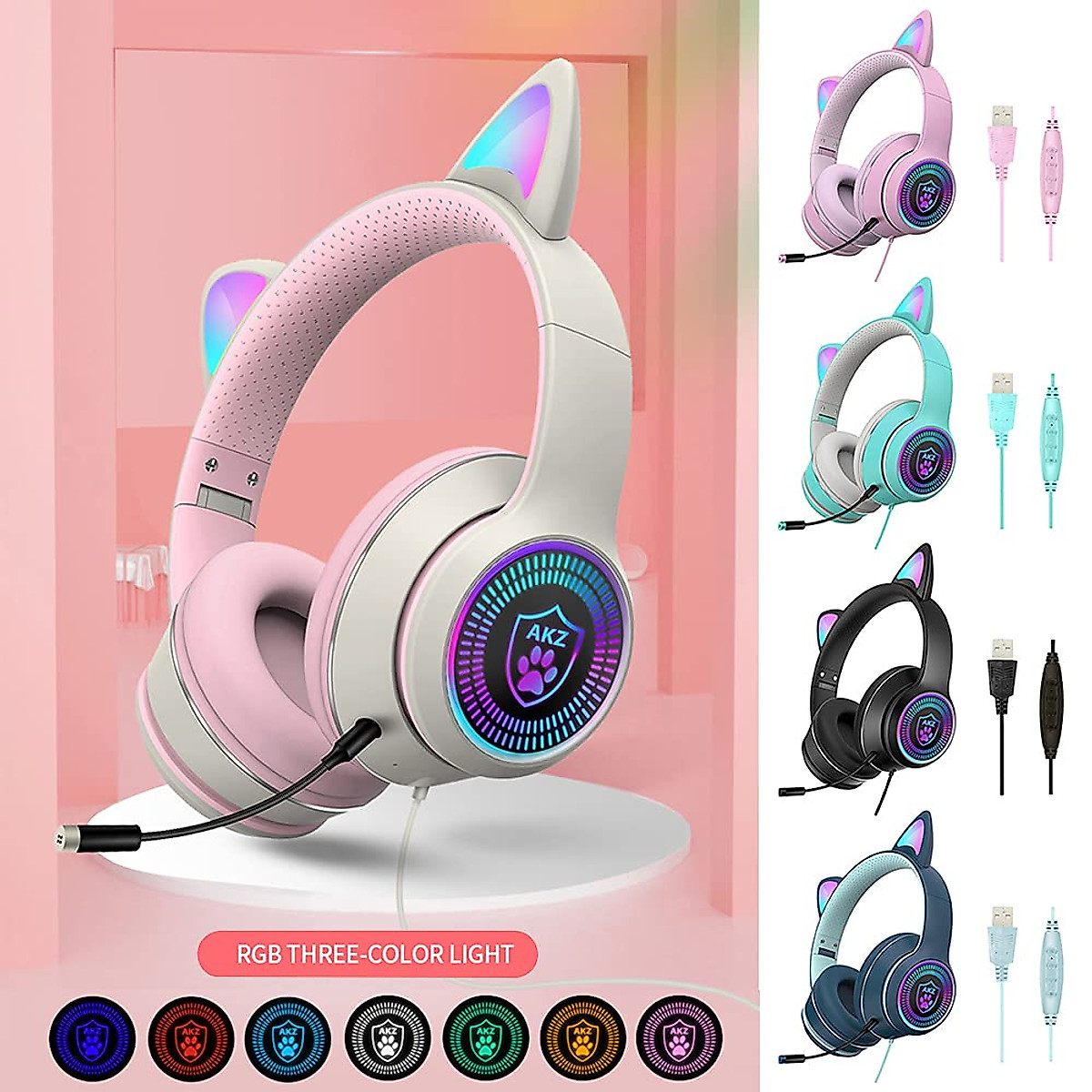 UXELY Cat Ear Gaming Headset USB Wired Headphones with Mic Foldable RGB Light Up Headphones for Laptop/Computer(Black)
