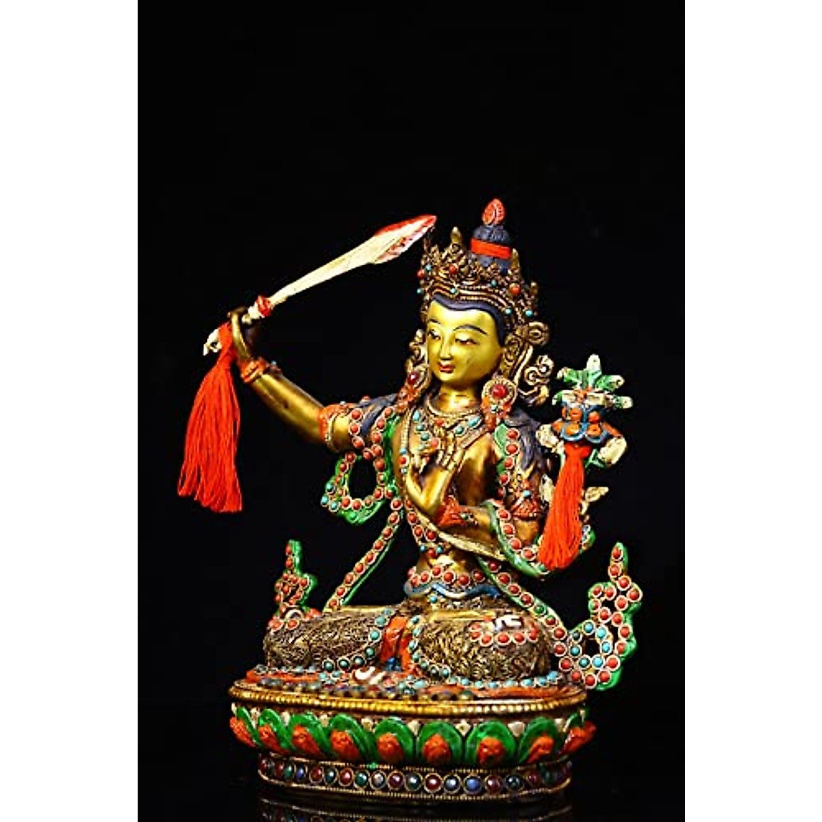 9" Tibetan Temple Collection Old Bronze Outline in Gold Painted Mosaic gem Dzi Beads Manjushri Worship Buddha Town House