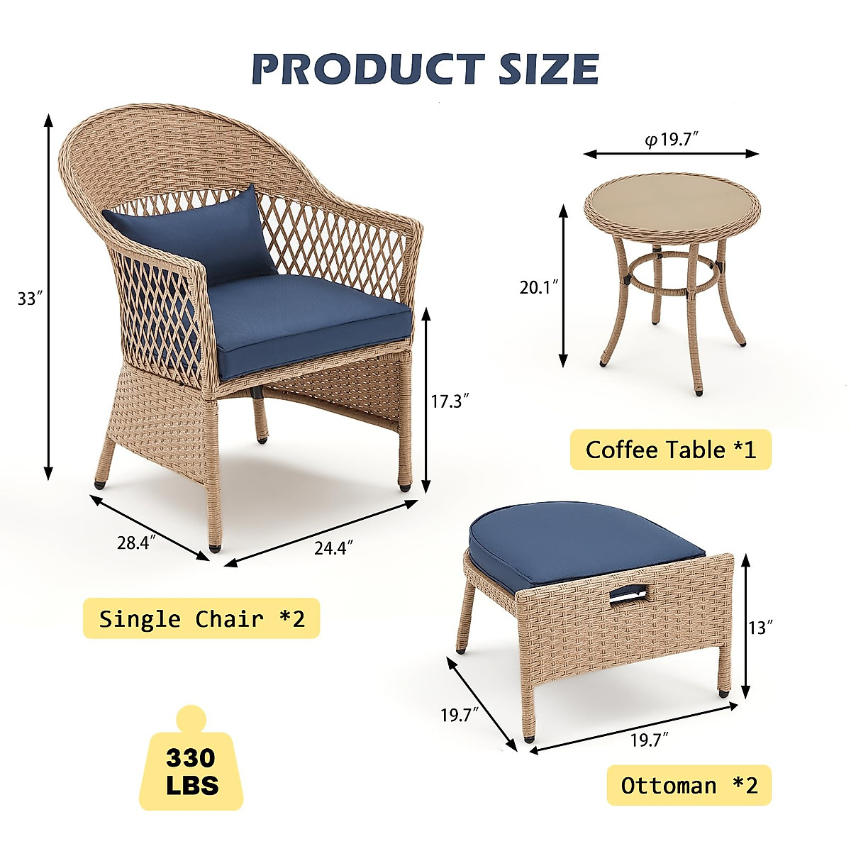 ECOTOUGE 5-Piece Patio Furniture Set, Outdoor Wicker Conversation Bistro Set with Glass Tempered Coffee Table, 2 Rattan Curved Armchairs, 2 Footrests for Porch, Backyard, Balcony, Blue