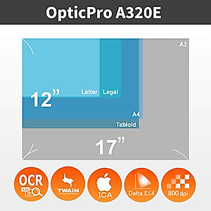 Plustek OpticPro A320E - A3 CCD Flatbed Scanner, 12" x 17" scan Area with 800dpi scan Resolution. ICA & Twain Compliant.