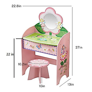 lukazoo Kids Vanity Set with Mirror and Stool, Beauty Makeup Vanity Table with Large Drawer and Chair Set for Toddlers and Kids, Wooden Girls Makeup Dressing Table