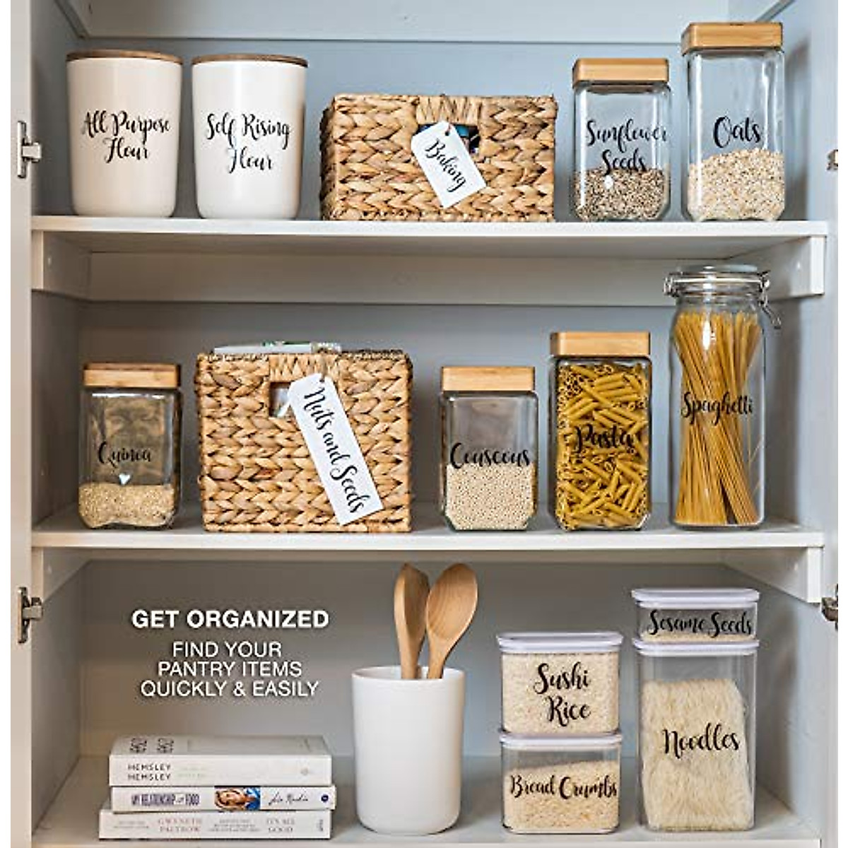 106 Pantry Labels Stickers by 7 Ruby Road for Kitchen Organization and Storage. Clear Water Resistant, Farmhouse Cursive Script for Food Canisters, Containers, Mason Jars for flour, sugar, coffee