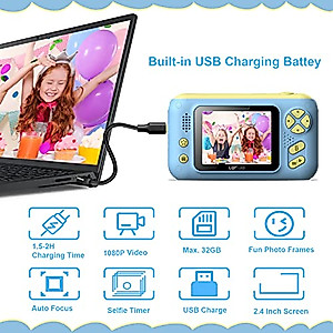 Andoer 1080P Kids Digital Camera Mini Video Camera for Kids 40MP 2.4 Inch IPS Screen 180° Rotatable Lens Built-in Battery Cute Photo Frames Fun Games with Neck Strap Mini Desktop 32GB Memory Card