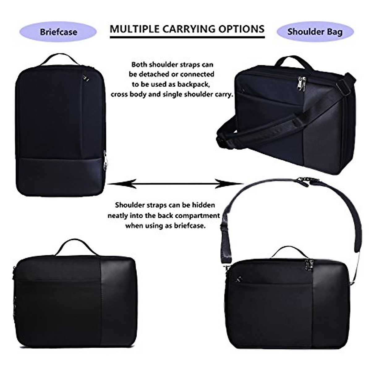 ZIXER Convertible Slim Professional Backpack Briefcase 3 in 1 Water Resistant Multifunctional Business Professional and College School Student Backpack Daypack Fits 15.6'' Laptop and Tablet (Black)