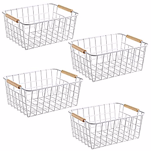 LeleCAT Wire White Baskets with Handles Wire Storage Organizer Baskets For Kitchen, Household Refrigerator for Cabinets, Pantry, Closets, Bedrooms - Set of 4(White)