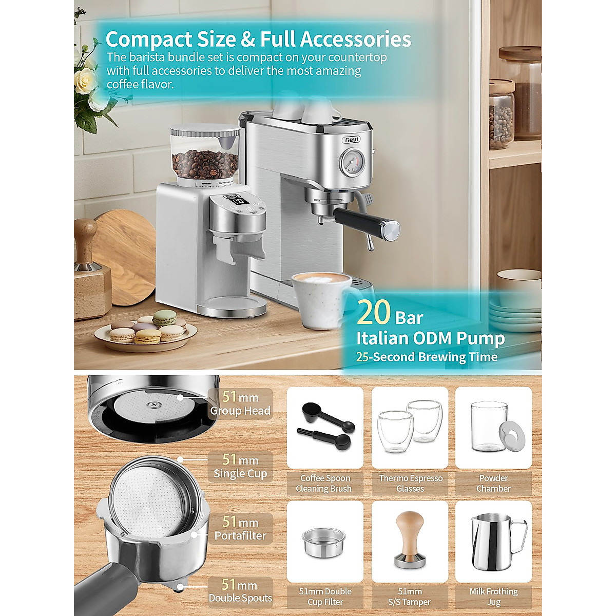 Gevi Espresso Machine & Coffee Maker - 20Bar Semi Automatic Espresso Machine With Grinder & Steam Wand – All in One Espresso Maker & Latte Machine for Home Dual Heating System…