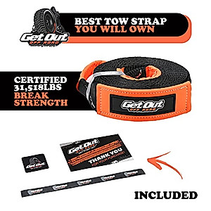 Get Out Off Road - Tow Strap Off Road Recovery 3'' X30' 30,000LB Break Strength - 4X4 Towing - Reinforced Loops - Emergency- 100% American Owned Company. Orange