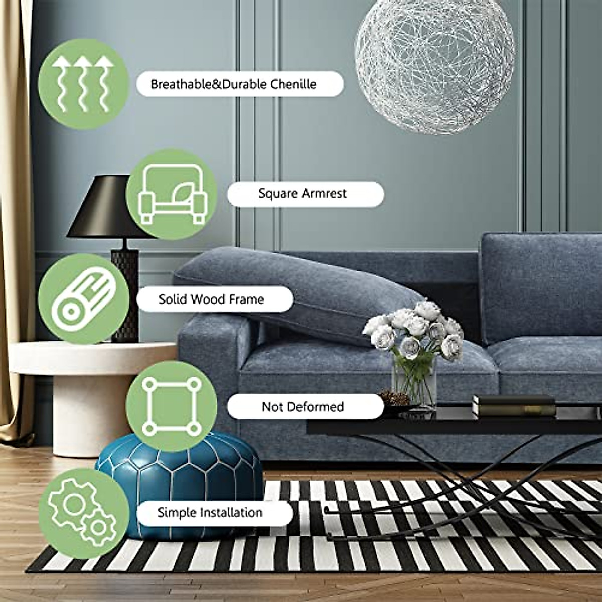 LEISLAND 88.58" Modern Sofas Couches for Living Room, Chenille Deep Seat Sofas & couches with Square Armrest, Removable Low-Back Sofa Cushion and Detachable Sofa Cover/Easy to Install(Blue)