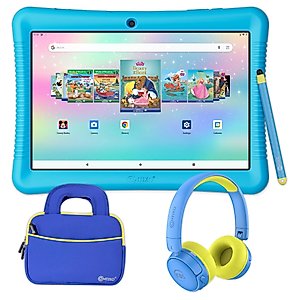 Kids Tablet, Contixo K102 10 Inch Kids Learning Tablet Bundle with $300 Disney E-Books, Kids Wireless Headphone and 10-inch Tablet Bag, with Kickstand and Stylus, Blue-Set