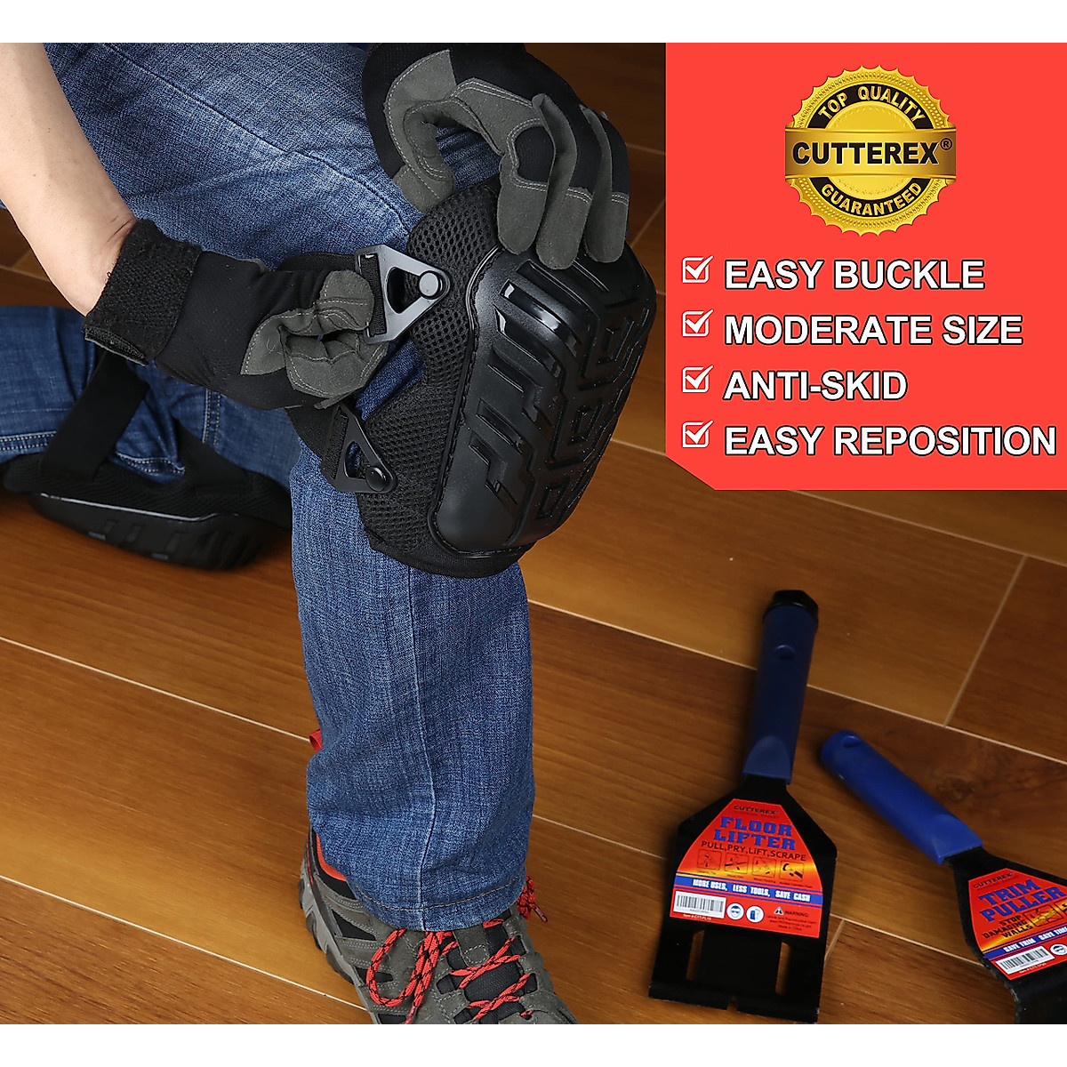 CUTTEREX FLAT Knee Pads for All Kneeling Works, Professional Knee Cushions, Heavy Duty and Protection Design Knee Pad for Flooring, Gardening, Comfortable and Durable, Anti-Skid and Adjustable Clips