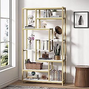 Tribesigns 8-Shelves Staggered Bookshelf, Rustic Industrial Etagere Bookcase for Office, Vintage Book Shelves Display Shelf Organizer for Home Garden (Gold)