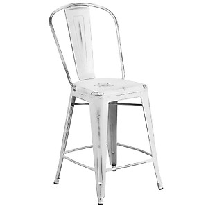 Flash Furniture Blake Commercial Grade 4 Pack 24" High Distressed White Metal Indoor-Outdoor Counter Height Stool with Back