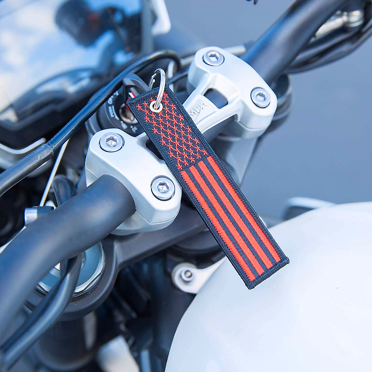 Flag Keychain Tag with Key Ring, EDC for Motorcycles, Scooters, Cars and Gifts (USA Red and Black)