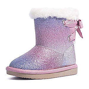 KRABOR Girls Glitter Snow Boots Cotton Lining Warm Winter Non~Slip Shoes with Cute Bow for Toddlers/Little Kid (Pink Size 1).